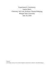 Calorimetry Lab Report Experiment 6 Calorimetry Samira Mack Chemistry 105 Lab Professor