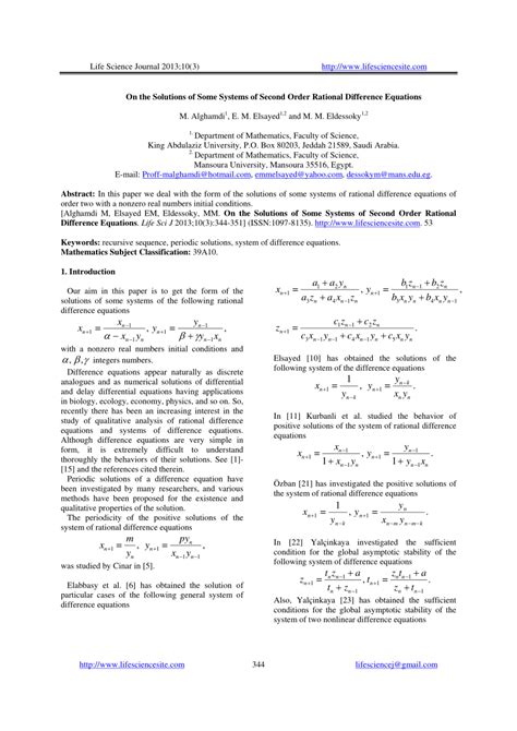 Pdf On The Solutions Of Some Systems Of Second Order Rational Difference Equations