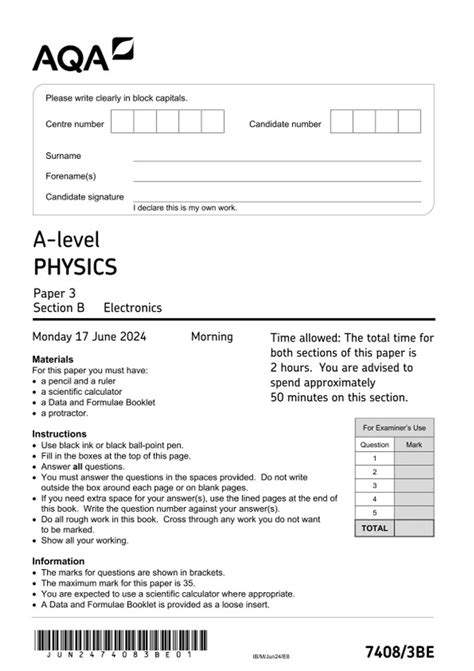 AQA A Level PHYSICS Paper 3 Section BE JUNE 2024 QUESTION PAPER Electronics A Level PHYSICS