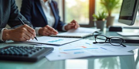 Businesswomen Analyze Financial Documents In Office Setting Review Reports Graphs On Table