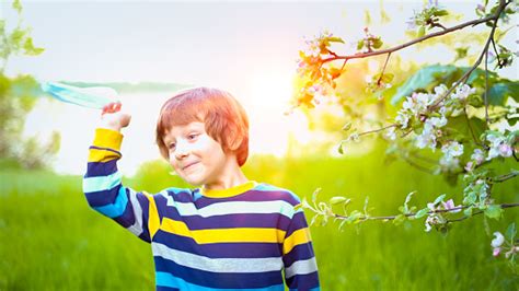 행복한 아이 소년은 의료 보호 마스크와 호흡 공기를 버리고 사과의 꽃 냄새 꽃 사과 나무에 서 일몰에 귀여운 아이 야외 검역의 끝 잠금 개념 4 5세에 대한 스톡 사진 및