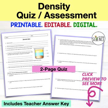 Calculating Density Practice Worksheet And Quiz Set Mass Volume Density