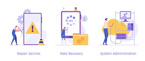 경고 기호가 있는 유지 보수를 사용하여 전화를 고정하는 수리부 전화 시스템 및 모바일 앱을 제어하는 It 서비스 네트워크에 연결하는 시스템 관리자 웹 디자인에 대한 벡터