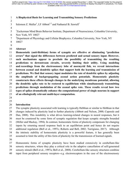 Pdf A Biophysical Basis For Learning And Transmitting Sensory Predictions
