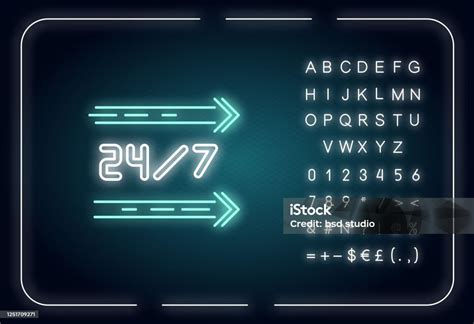 24 7 시간 서비스 네온 라이트 아이콘 표지판에 직선 하루 종일 오픈 스토어 방향 외부 빛나는 효과 알파벳 숫자 및 기호로 서명합니다 벡터 격리 Rgb 색상 그림 24에