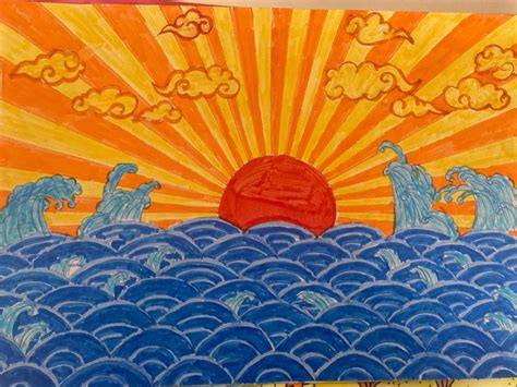 海上日出水彩画 海上日出水彩画画 博物迷