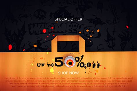 만화 스타일의 할로윈과 판매 개념 종이 줄무늬 선물 가방은 자유형 그림과 함께 어두운 배경에 할인됩니다 복사 공간이 있는 세련된 벡터 웹 템플릿입니다 0명에 대한 스톡 벡터