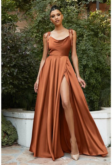 Soraya Satin Cowl Neck Bridesmaids Maxi Dress With Side Split Rust Burnt Doyin London