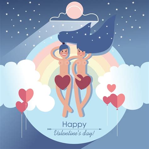 Premium Vector Cute Lesbian Couple Naked Girls Covered Up With Only Valentines Soar Against