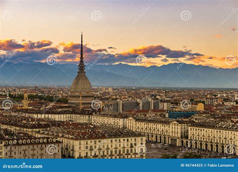 Cityscape Of Torino Turin Italy At Dusk With Colorful Sky Stock Image
