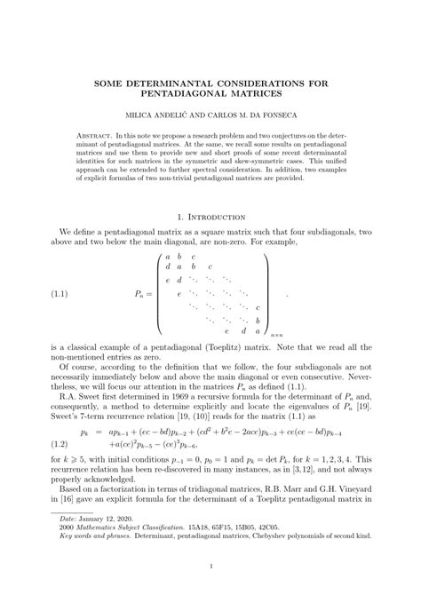 Pdf Some Determinantal Considerations For Pentadiagonal Matrices