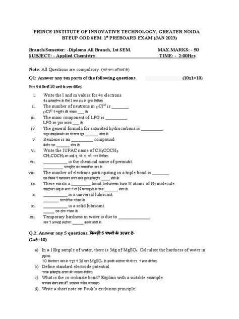 Applied Chem 1st Sem Diploma Jan 2023 Preboard Pdf