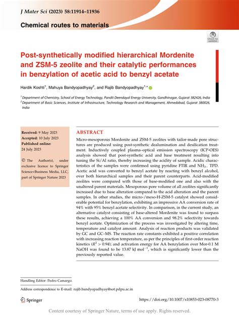 Post Synthetically Modified Hierarchical Mordenite And Zsm 5 Zeolite