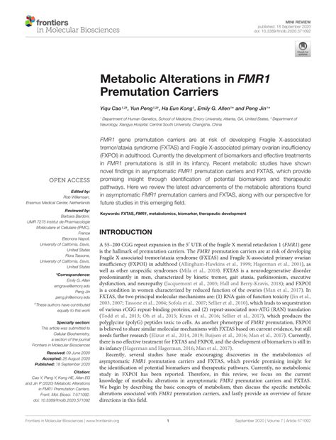Pdf Metabolic Alterations In Fmr1 Premutation Carriers