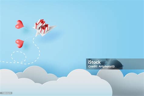 3d 종이 예술 및 풍선 및 선물 블루 하늘과 구름에 비행 하는 흰 종이 비행기의 공예 창조적 인 디자인 종이 잘라 비즈니스 성공 및 리더십 개념 아이디어 파스텔 색상 벡터