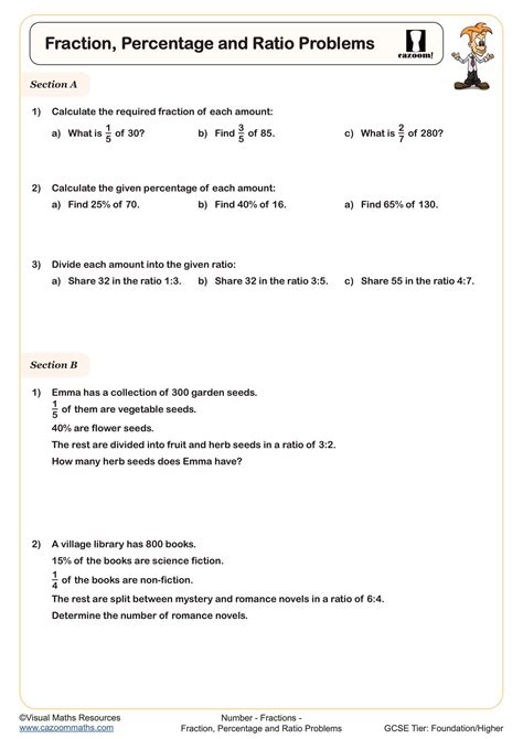 Fraction Percentage And Ratio Problems Worksheet Printable Pdf Year