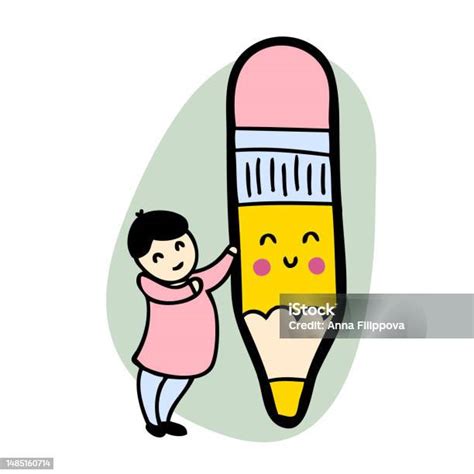 거대한 연필로 평평한 학생 연필 그리기 쓰기 만들기 디자인 블로깅 개념 손으로 그린 벡터 그림입니다 개념에 대한 스톡 벡터 아트 및 기타 이미지 Istock