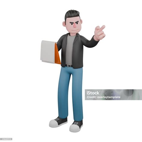 크리 에이 티브 3d 시나리오 작가 모델 한 남성 시나리오 작가가 오른손은 클립보드를 들고 왼손은 가리키고 서 있다 만화 캐릭터 아트 3차원 형태에 대한 스톡 사진 및 기타