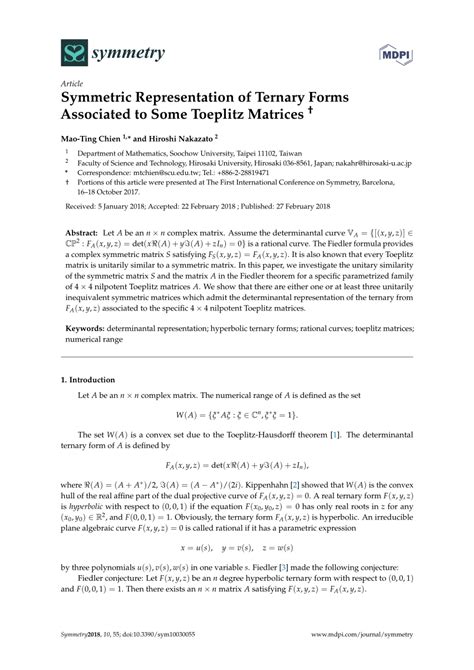 Pdf Symmetric Representation Of Ternary Forms Associated To Some Toeplitz Matrices