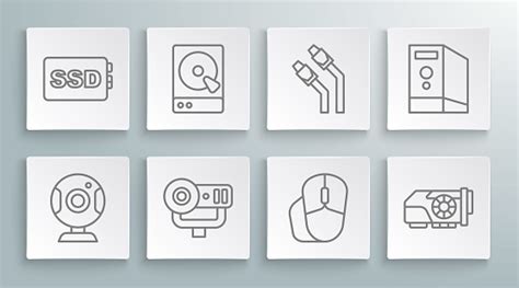 세트 라인 웹 카메라 하드 디스크 드라이브 Hdd 컴퓨터 마우스 비디오 그래픽 카드 Lan 케이블 네트워크 인터넷 컴퓨터 의 경우 및 Ssd 아이콘 벡터 아이콘에 대한 스톡