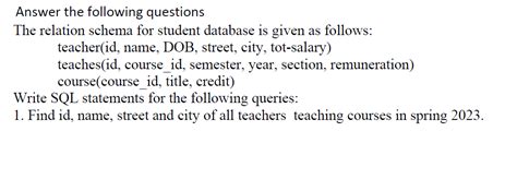 Solved Answer The Following Questions The Relation Schema Chegg Com
