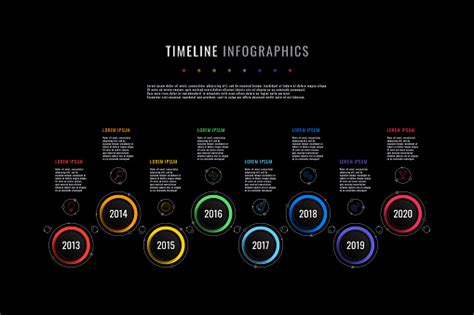 둥근 요소 연도 표시 및 검은 배경에 텍스트 상자가있는 수평 타임라인 인포그래픽 사실적인 3d 용지 컷 디자인 최신 벡터 회사 프리젠 테이션 슬라이드 템플릿 Eps 10 0