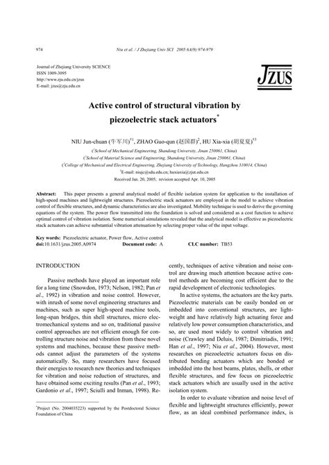Pdf Active Control Of Structural Vibration By Piezoelectric Stack Actuators