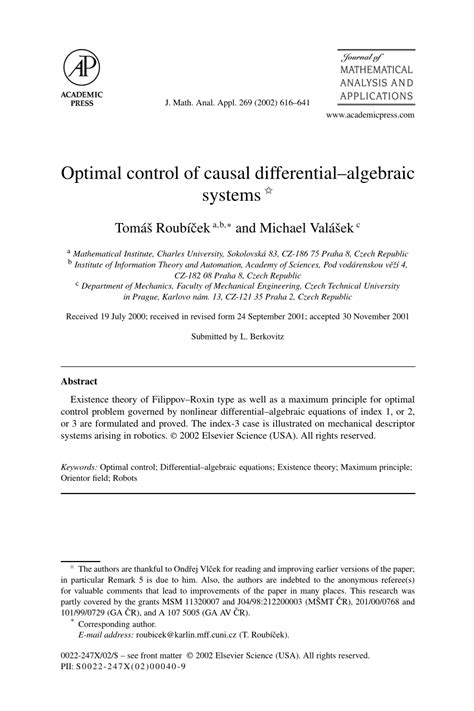 Pdf Optimal Control Of Causal Differential Algebraic Systems