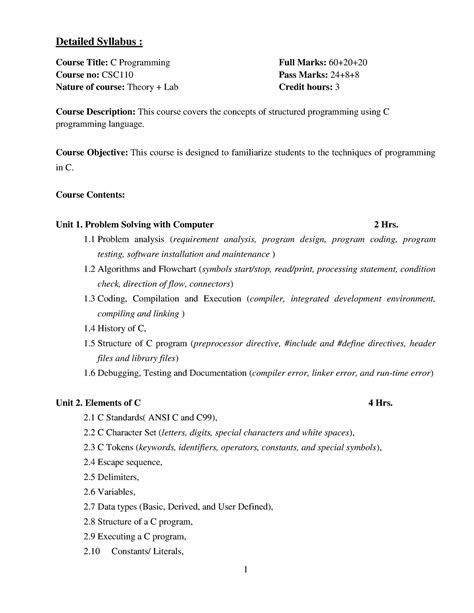 C Programming Csc110 Detailed Syllabus Course Title C Programming