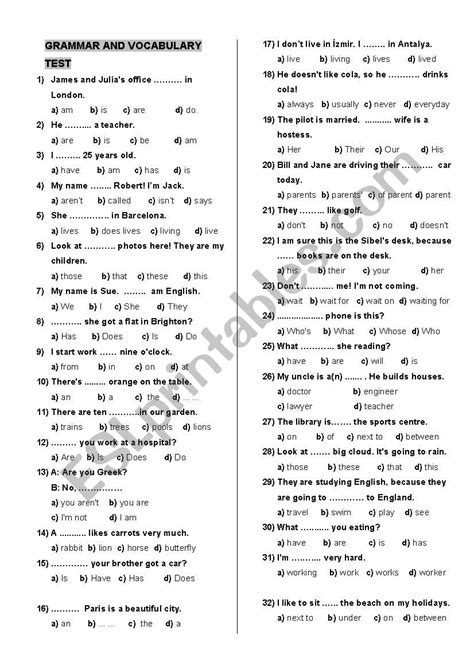 Elementary Level Test 60 Questions Multiple Choice Esl Worksheet By Dirimli