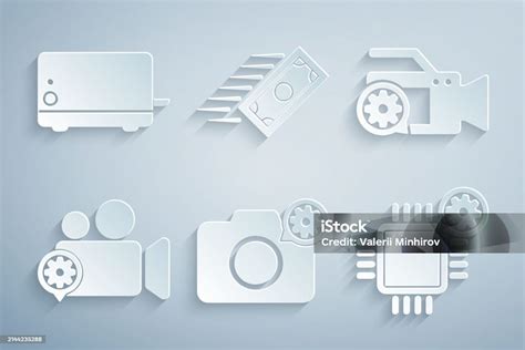 Set Photo Camera Setting Video Processor Fast Payments And Toaster Icon Vector Stock