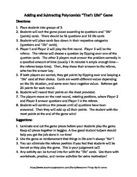 That S Life Adding And Subtracting Polynomials Game By Funrithmetic