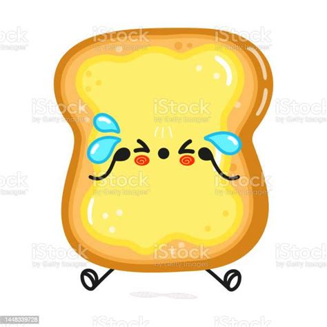 귀여운 슬픈 얇게 썬 토스트 빵과 버터 캐릭터 벡터 손으로 그린 만화 Kawaii 캐릭터 그림 아이콘입니다 흰색 배경에 격리 슬픈 빵과 버터 캐릭터 개념 개념에 대한 스톡