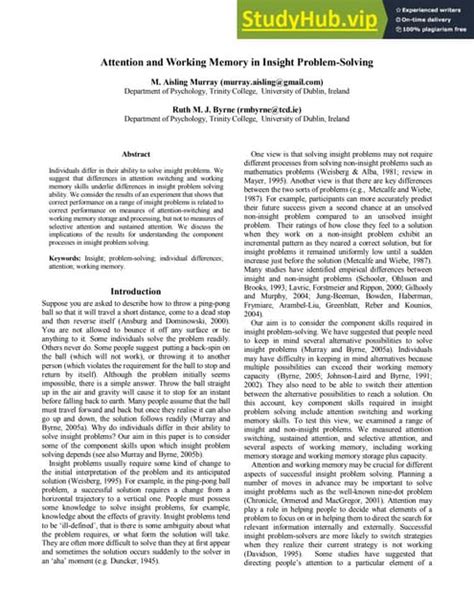 Attention And Working Memory In Insight Problem Solving Pdf