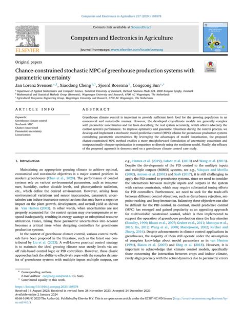 PDF Chance Constrained Stochastic MPC Of Greenhouse Production Systems With Parametric Uncertainty