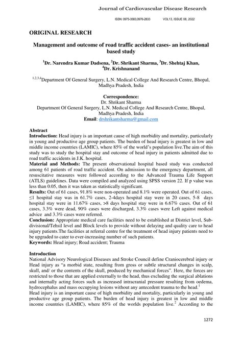 PDF Management And Outcome Of Road Traffic Accident Cases An Institutional Based Study