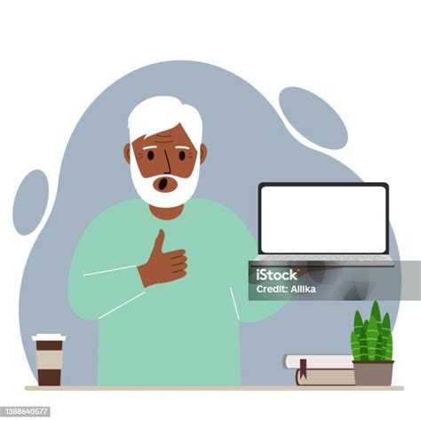 한 할아버지가 노트북 컴퓨터를 손에 들고 엄지손가락을 들고 사인을 하고 있다 노트북 컴퓨터 기술 개념 벡터 남자에 대한 스톡