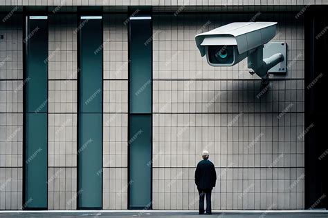 Premium Ai Image Surveillance Camera Pointed At Entrance To Office Building With Person