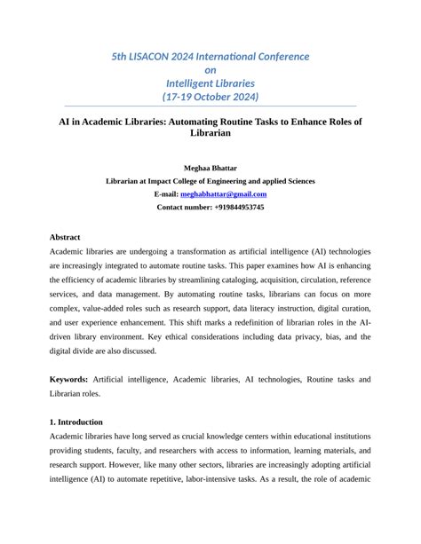Pdf Ai In Academic Libraries Automating Routine Tasks To Enhance Roles Of Librarian