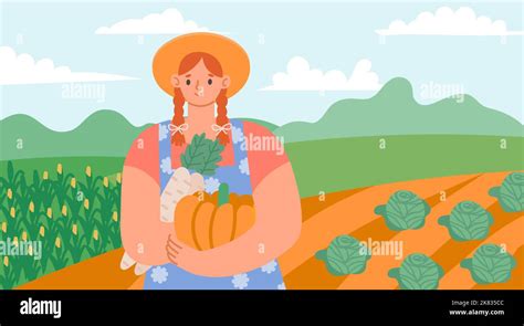 Organic Farm Products Cheerful Cartoon Woman Holding Fresh Grown Vegetables As Pumpkin And