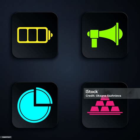 골드 바 배터리 충전 수준 표시기 원형 차트 인포그래픽 및 메가폰을 설정합니다 검은 색 사각형 버튼 벡터 검은색에 대한 스톡 벡터 아트 및 기타 이미지 Istock