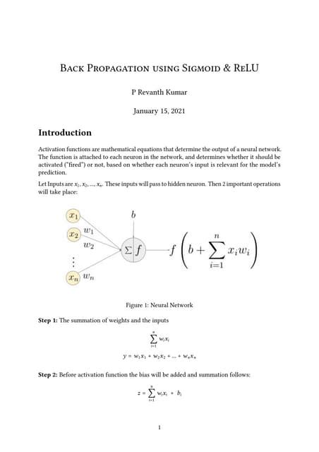 Back Propagation Using Sigmoid And Relu Function Pdf
