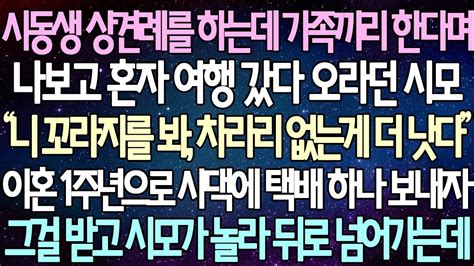 반전 사연 시동생 상견례를 하는데 가족끼리 한다며 나보고 혼자 여행 갔다 오라던 시모 이혼 1주년으로 시댁에 택배 하나 보내자 그걸 받고 시모가 놀라 뒤로 넘어가는데