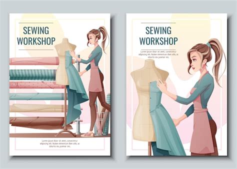 Premium Vector Set Of Flyer Design With Seamstress Banner Poster With A Girl Creating Clothes