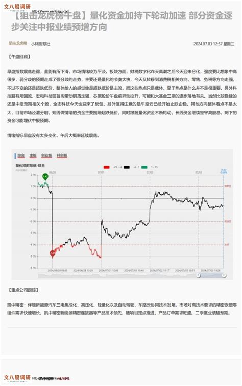 【狙击龙虎榜·午盘】量化资金加持下轮动加速部分资金逐步关注中报业绩预增方向 20240703 文八股调研