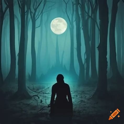 Haunting Scene Of A Man In The Forest Under Moonlight
