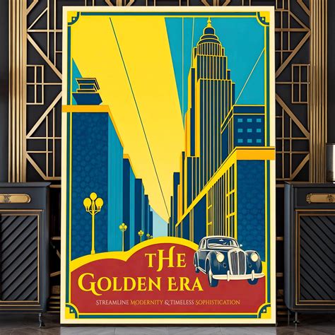 1930s Streamline Moderne Art Deco Poster Golden And Blue Vintage Design