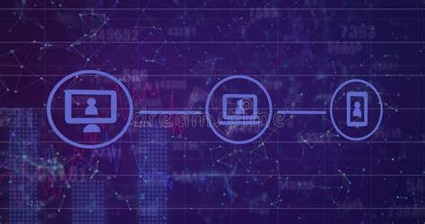 Image Of Network Of Connections With Icons Over Data Processing On Black Background Stock