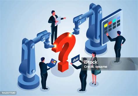 비즈니스 또는 산업 문제 해결을 돕거나 지원하는 인공 지능 Ai 기술 학습 및 연구 로봇 공학 및 Ai 혁신의 개념 거대한 물음표에서 작동하는 등각 투영 로봇 팔 일함에