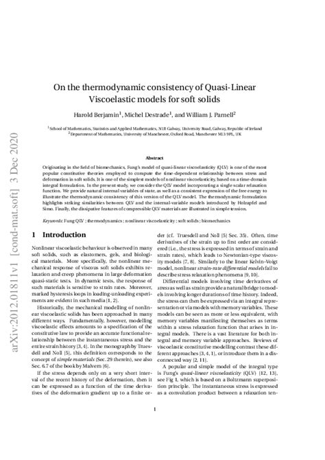 Pdf On The Thermodynamic Consistency Of Quasi Linear Viscoelastic